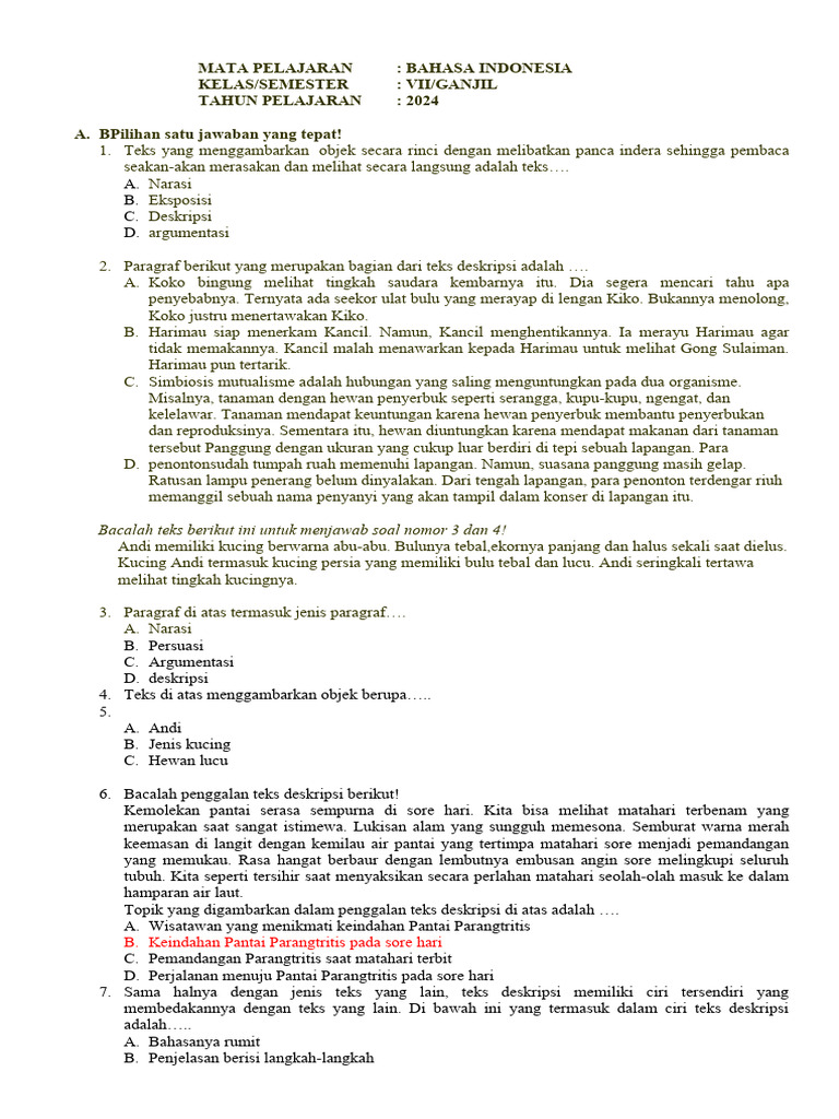 Soal Pas Bindo Kelas Vii Semester Ganjil Kurikulum Merdeka | PDF