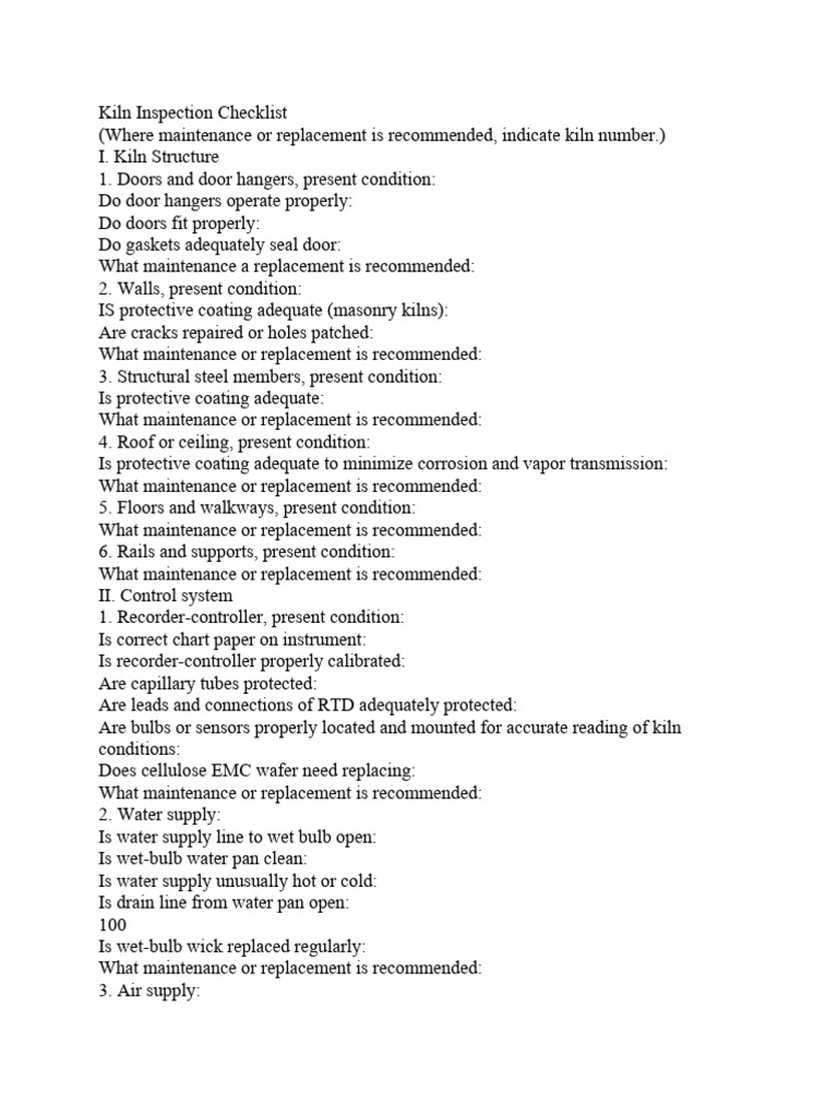 Kiln Inspection Checklist | PDF | Product Lifecycle | Reliability ...