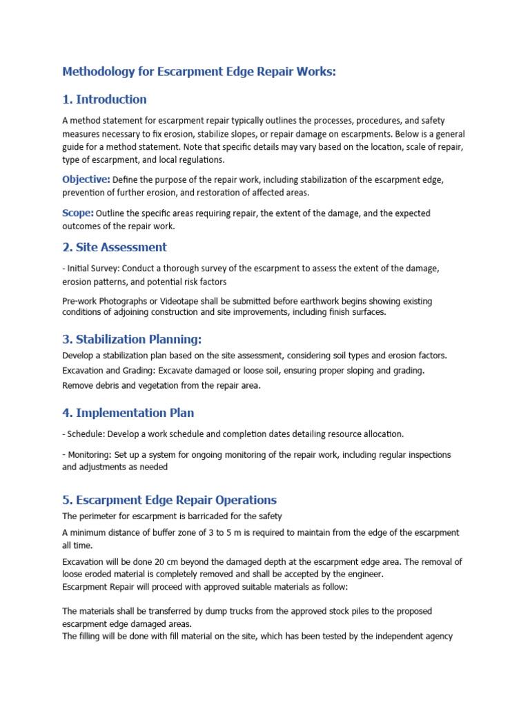Escarpment Edge Repair Works Method Statement Final | PDF | Erosion ...