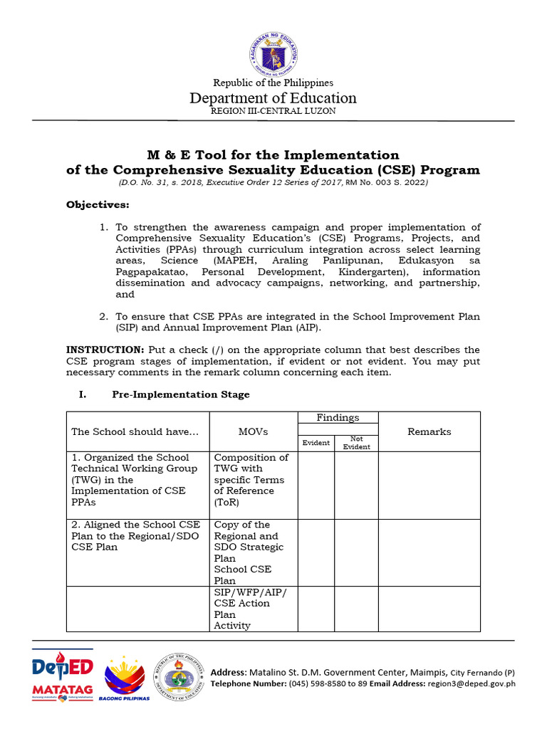 CSE Program Monitoring and Evaluation Tool | PDF | Memorandum | Learning