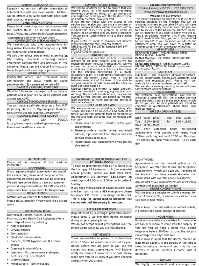 PRACTICE LEAFLET 2021 - The Muswell Hill Practice | PDF | General Practitioner | Medical Record