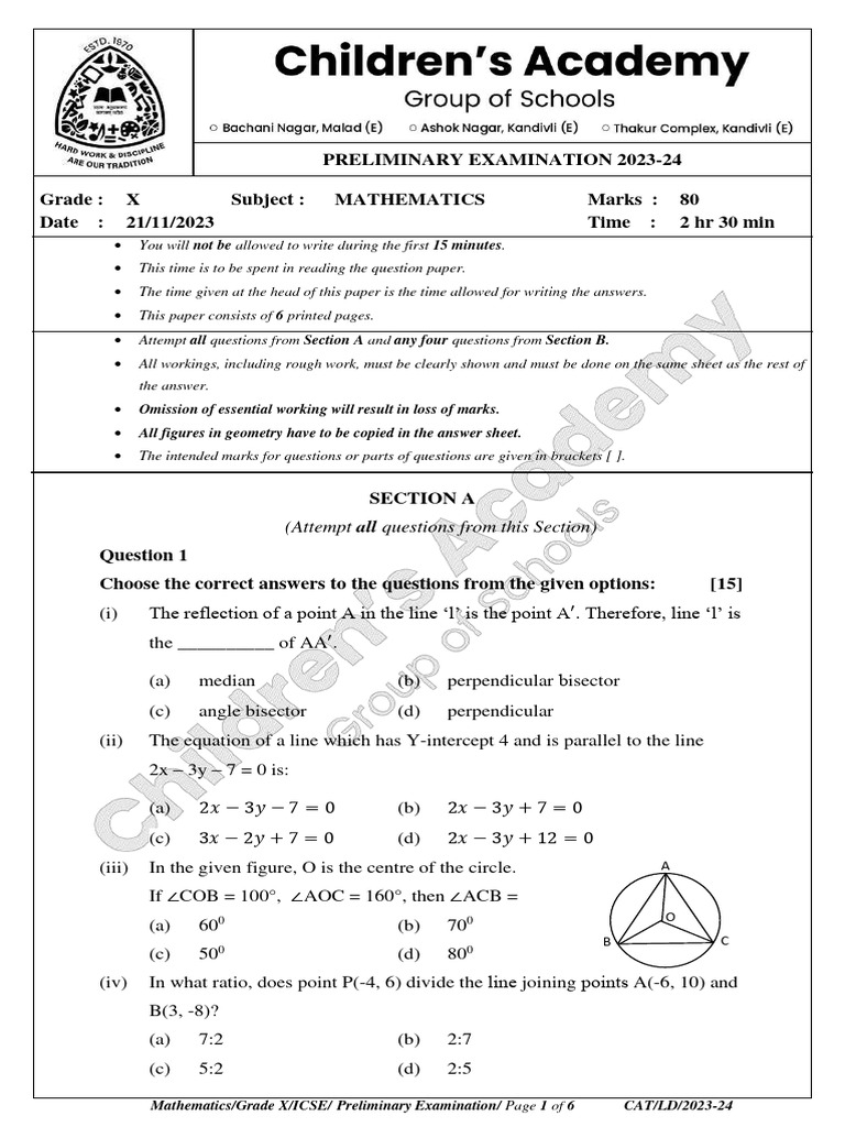 Grade X Mathematics Prelim QP 2023-24 | PDF | Circle | Elementary Geometry
