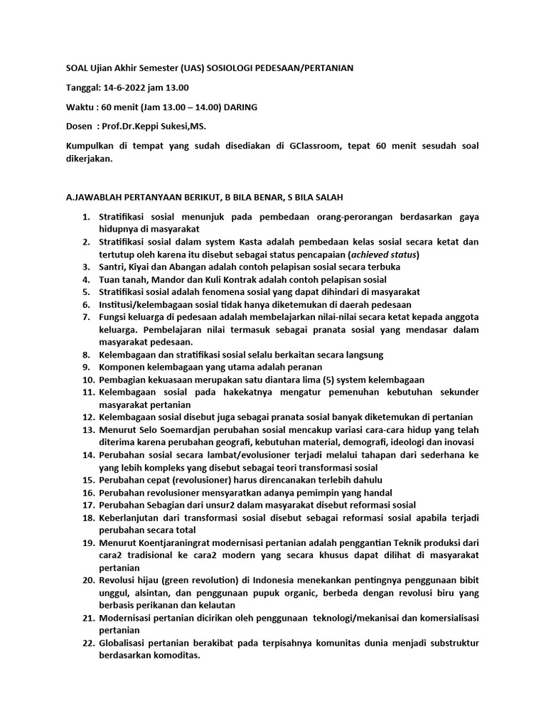 Soal UAS SOSPERT FP UB JUNI 2022 | PDF