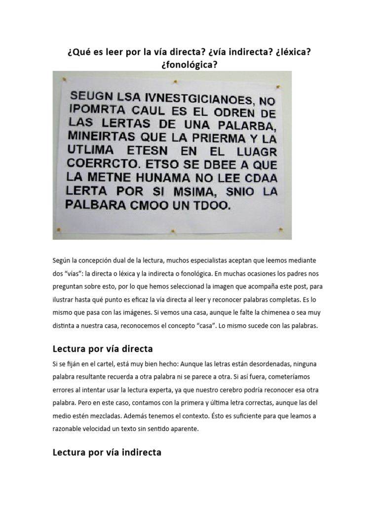 RUTA DIRECTA E INDIRECTA PARA LA LECTURA Qué Es Leer Por La Vía Directa ...
