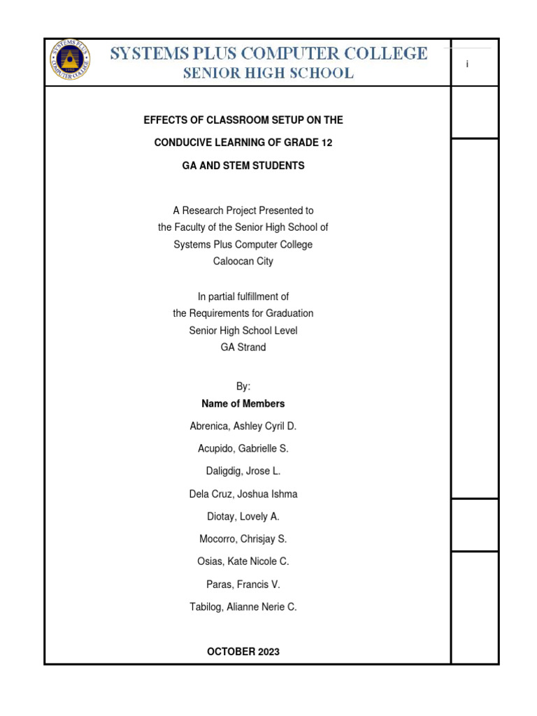 EFFECTS OF CLASSROOM SETUP ON THE CONDUCIVE LEARNING OF GRADE 12 GA AND STEM STUDENTS | PDF ...