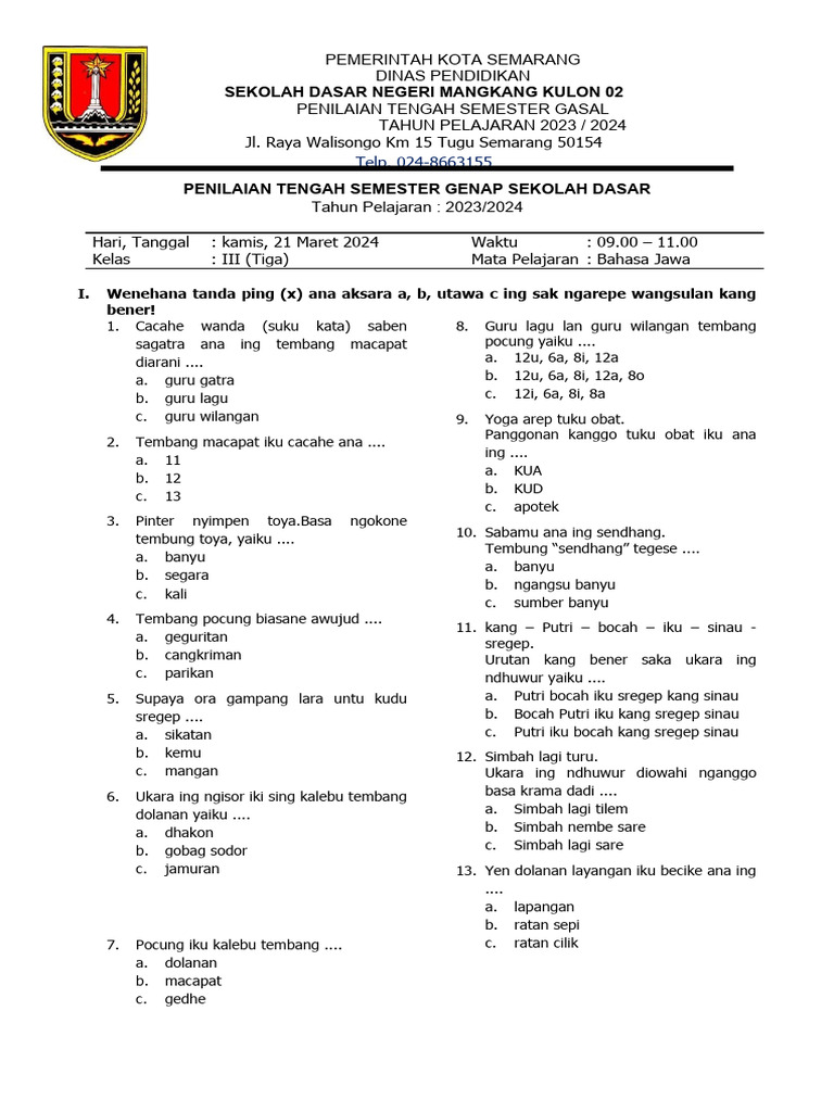 Soal PTS BJ Genap Kelas 3 | PDF