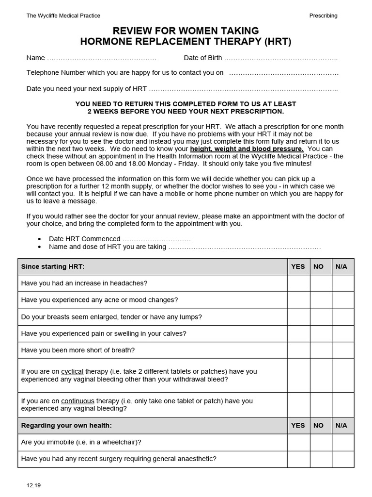 HRT Prescription Review Form for Women | PDF | Menopause | Hormone ...