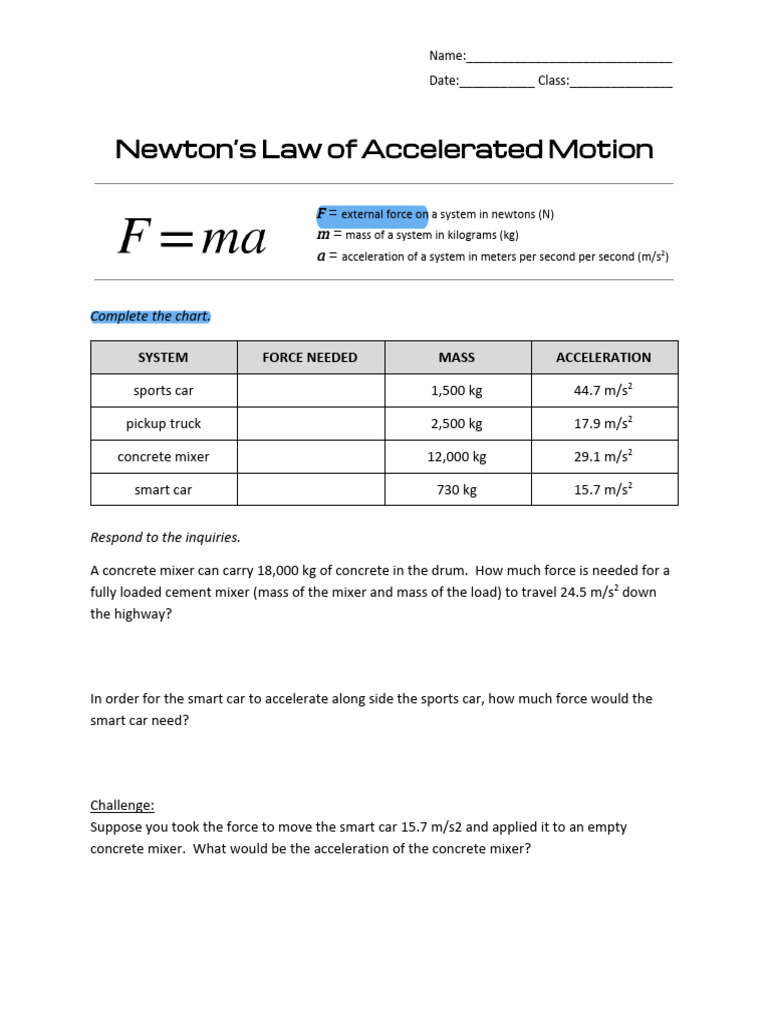 Newton's Law of Accelerated Motion: Complete The Chart | PDF | Force | Mass