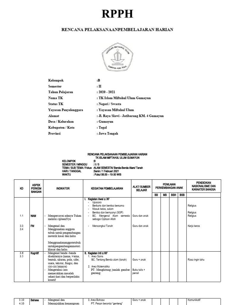 RPPH Pembelajaran Alam untuk TK B | PDF