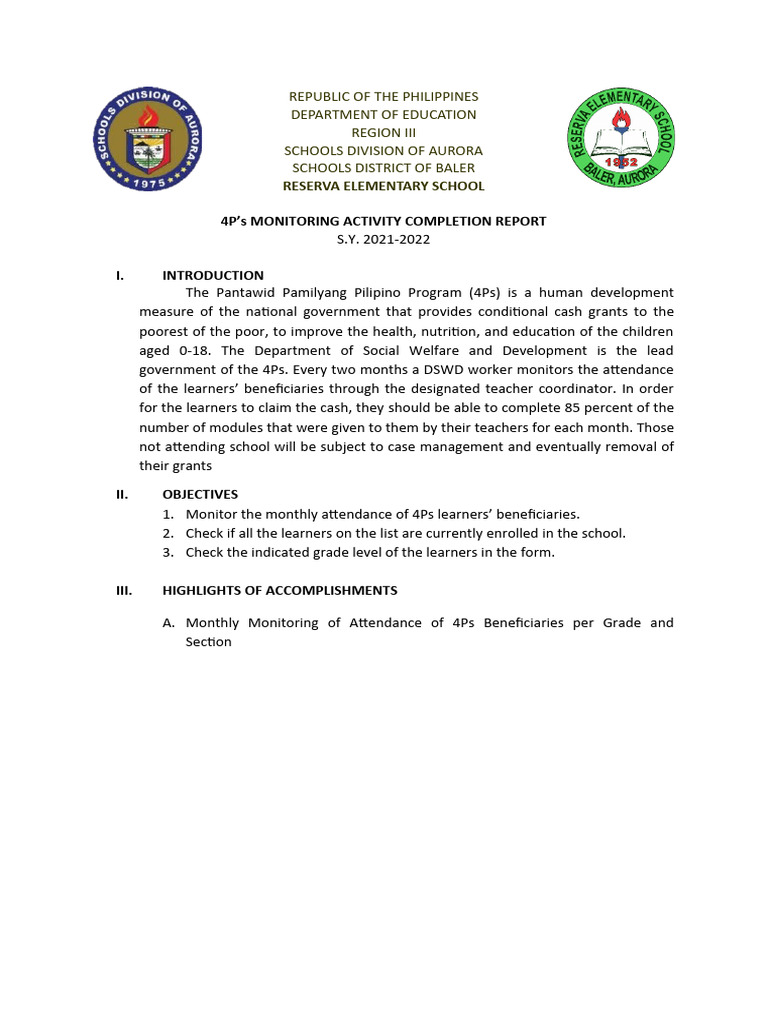 Accomplishment Report 4ps | PDF | Social Science | Wellness