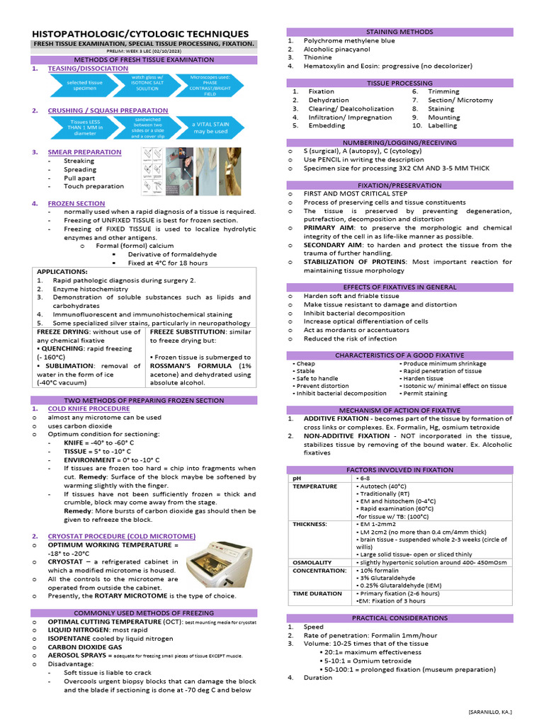 HPCT Lec Week 3 - Fresh Tissue Examination, Special Tissue Processing, Fixation. | PDF ...