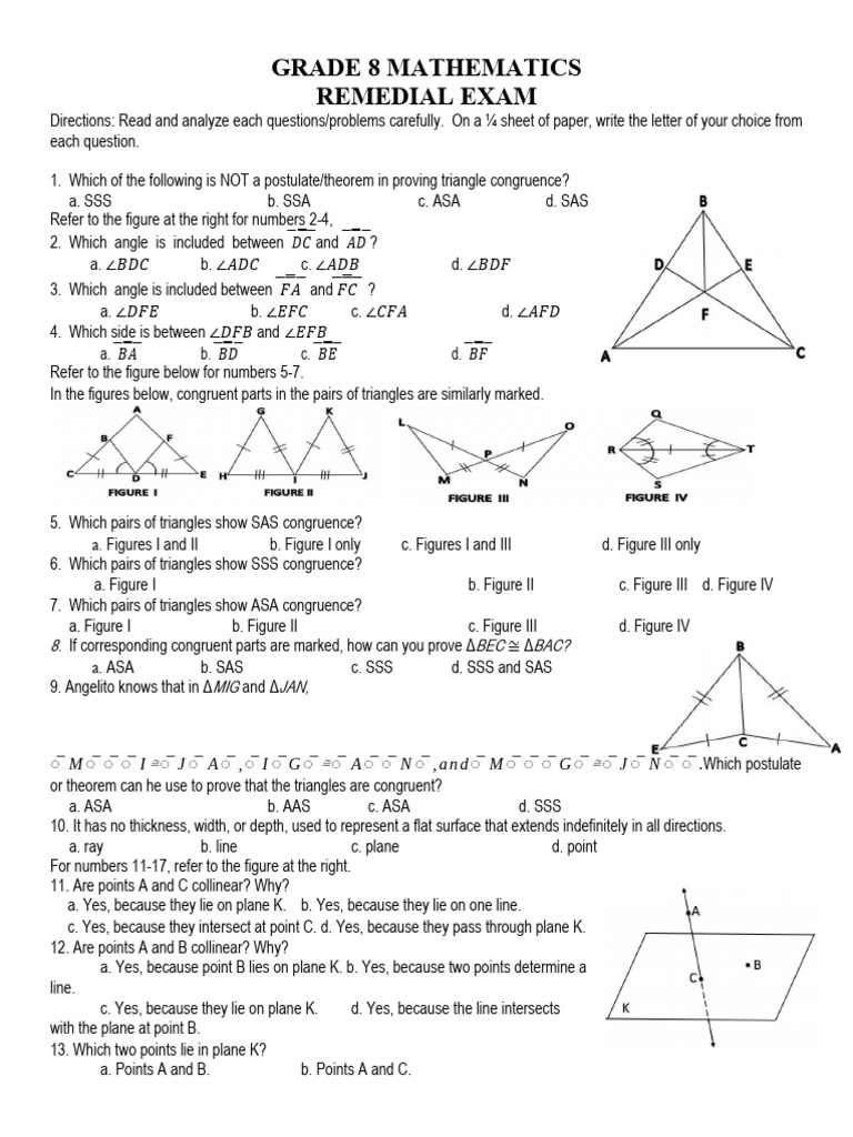 Math 8 Remedial Test | PDF | Elementary Geometry | Euclid