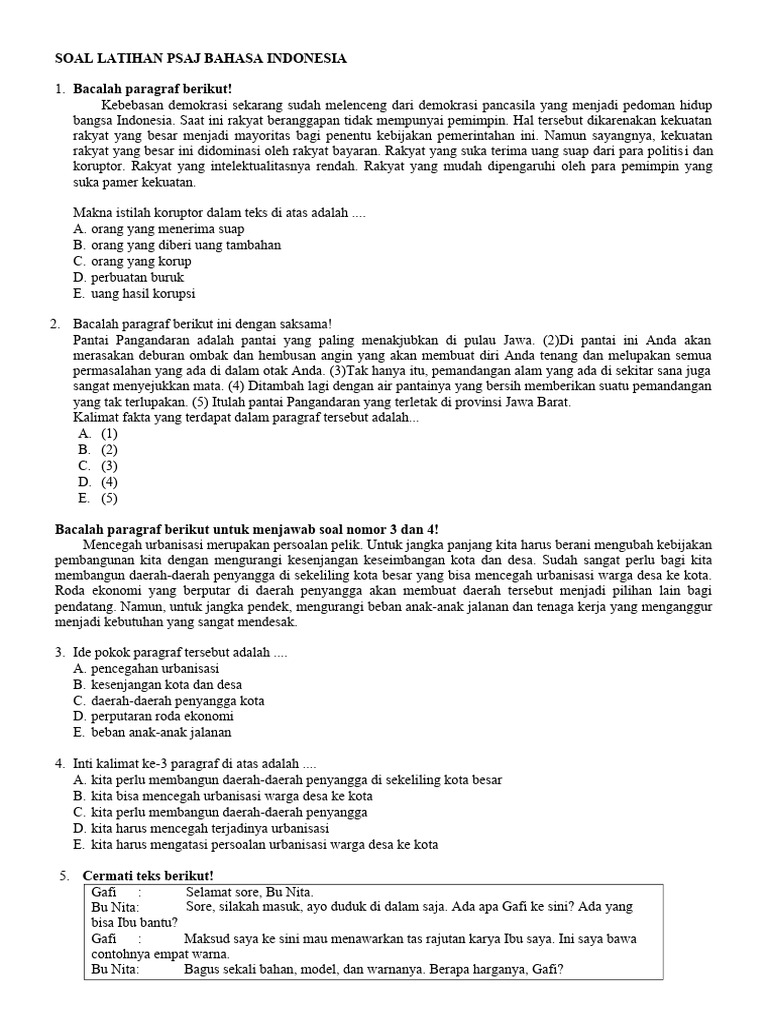 Soal Latihan Psaj Bahasa Indonesia | PDF