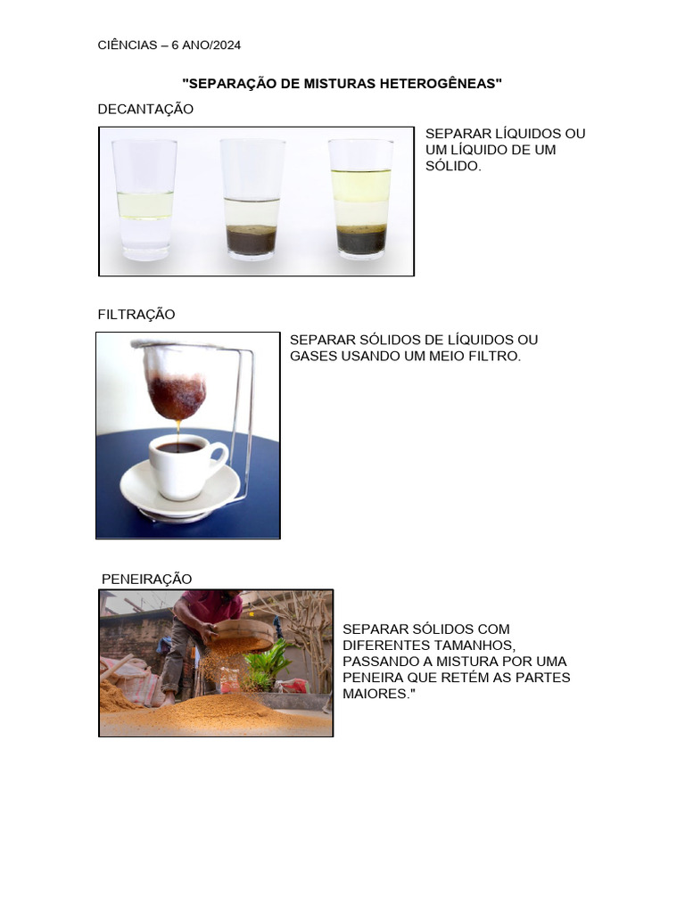 Atividade Adaptada 6 Ano Separação de Misturas Heterogêneas | PDF