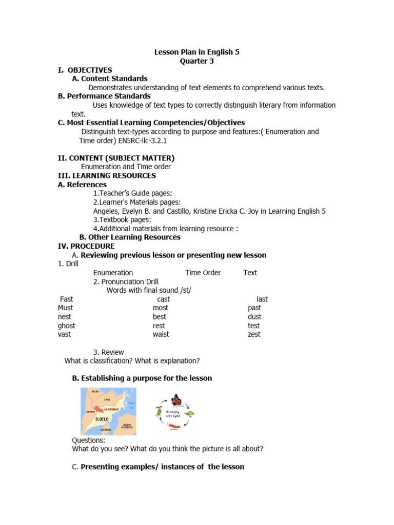 Done Demo Lesson Plan English Enumeration Time Order Pdf Water