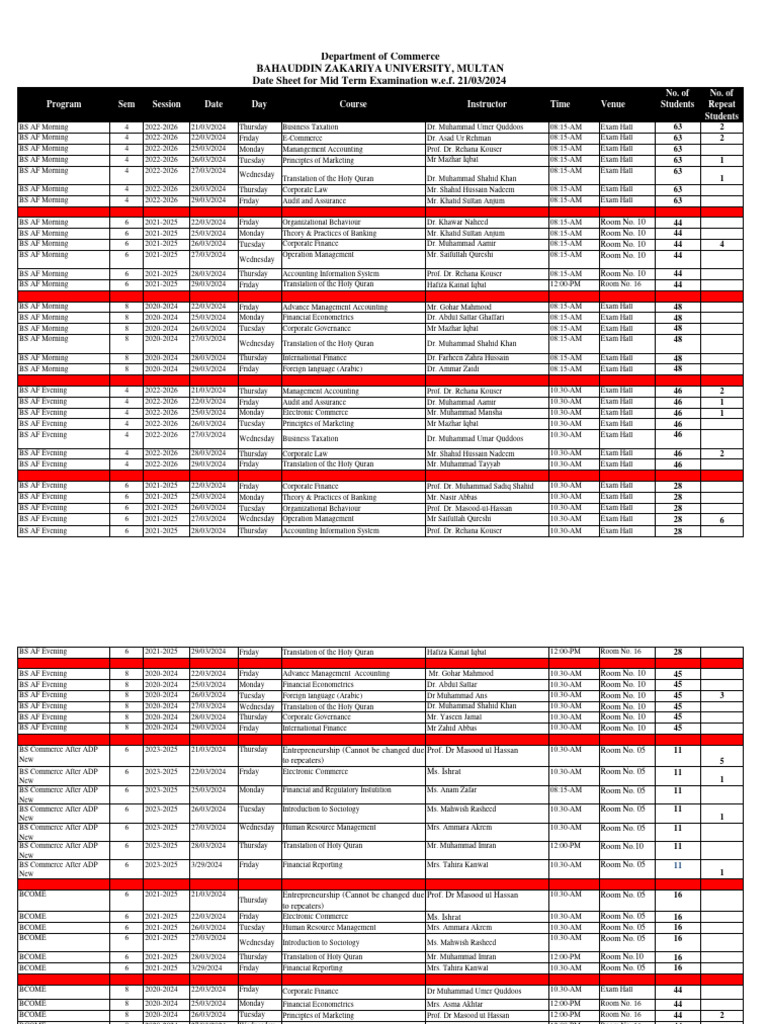 Mid Term Exam Schedule March 2024 | PDF | Islamic Banking And Finance | Business