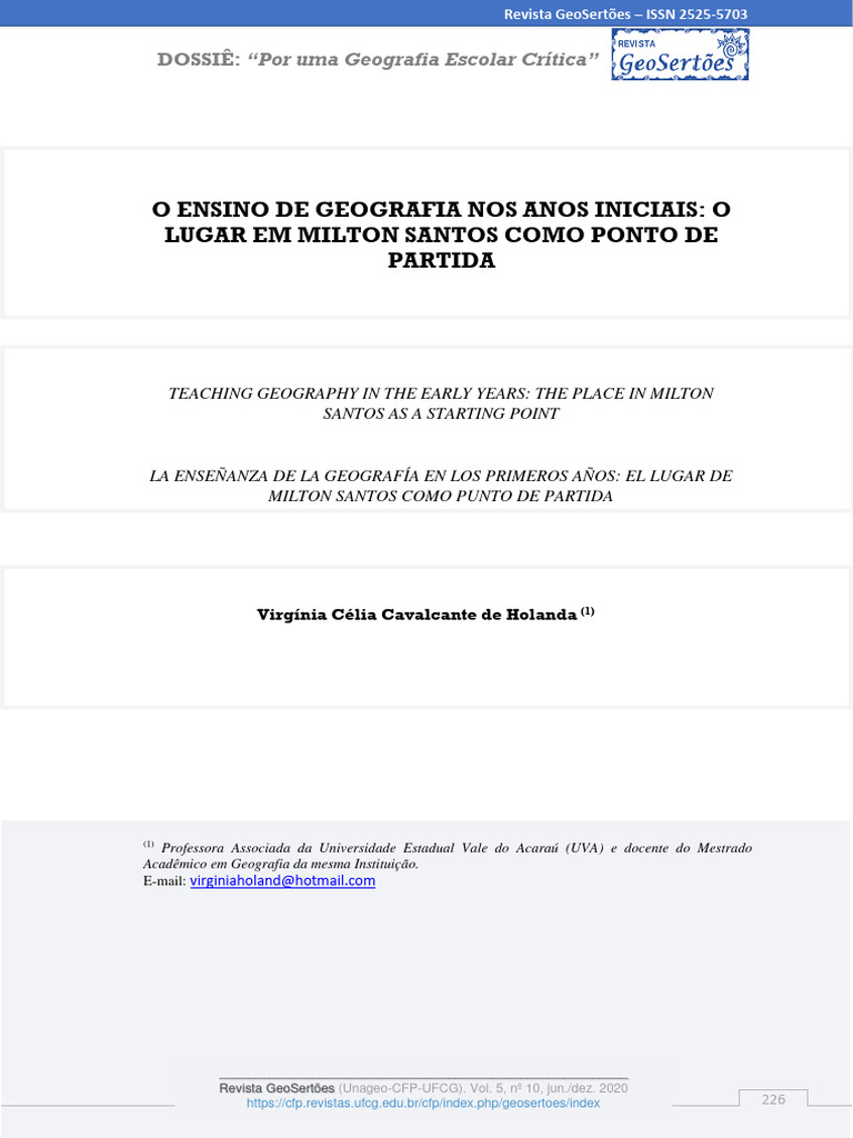 O Ensino de Geografia Nos Anos Iniciais: O Lugar em Milton Santos Como Ponto de Partida | PDF ...