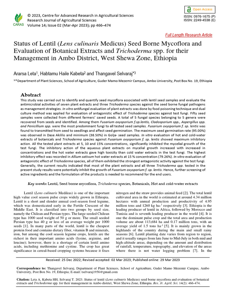 Status of Lentil (Lens culinaris Medicus) Seed Borne Mycoflora and | PDF