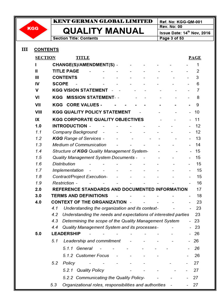 KGG QUALITY MANUAL REV. 0 Table of Contents | PDF | Business
