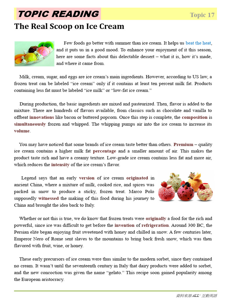 Topic Reading No.17 The Real Scoop On Ice Cream) | PDF | Ice Cream | Cream