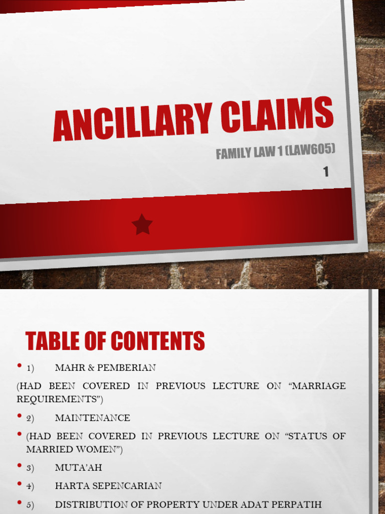 Week 11 - LAW 605 - Ancillary Claims | PDF | Marriage | Divorce