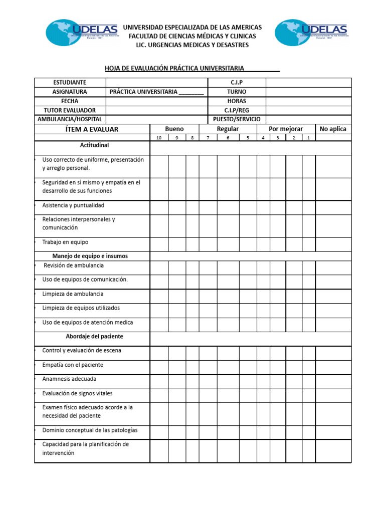 Modificada - Hoja de Evaluaci-N Pr-Ctica Universitaria III - IV - V - Vi | PDF | Enfermedades y ...