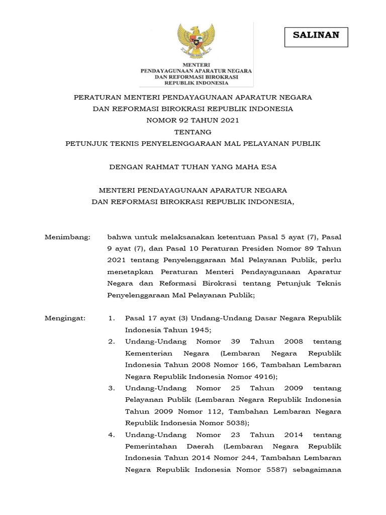 2021-Permenpan RB nomor 92 Tahun 2021 | PDF