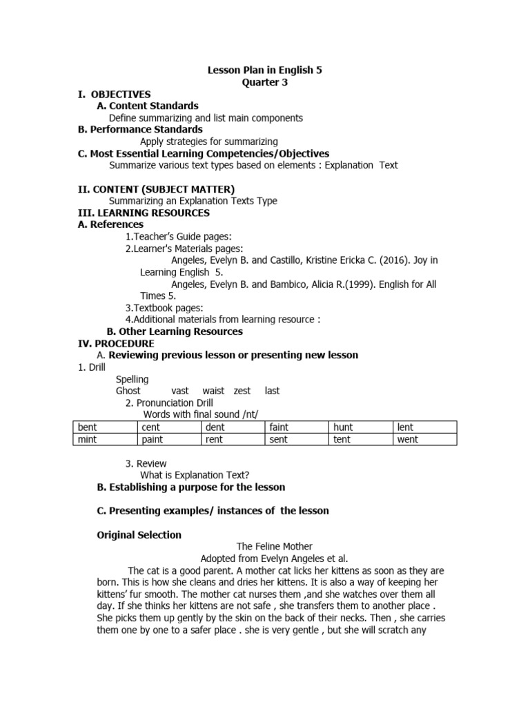 Lesson Plan in English 5 (EXPLANATION) WEDNESDAY | PDF | Cats | Learning