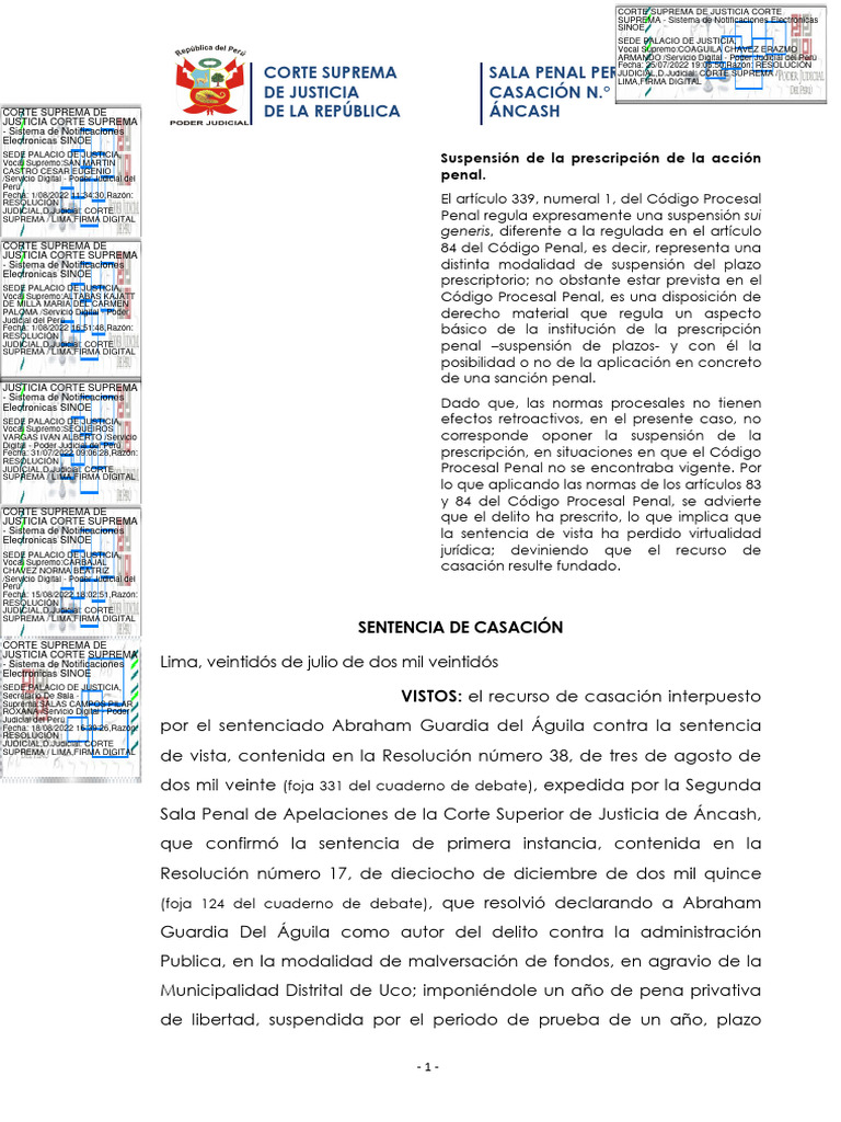 Cas. 296-2021 - Suspension PRESCRIPCION Art. 339.1 CPP y Arts. 83 y 84 CP | PDF | Derecho penal ...