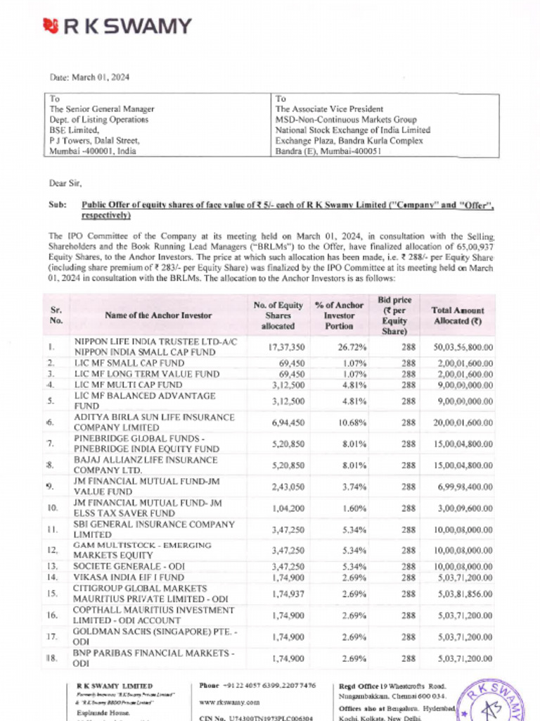 RKS Anchor Intimation | PDF