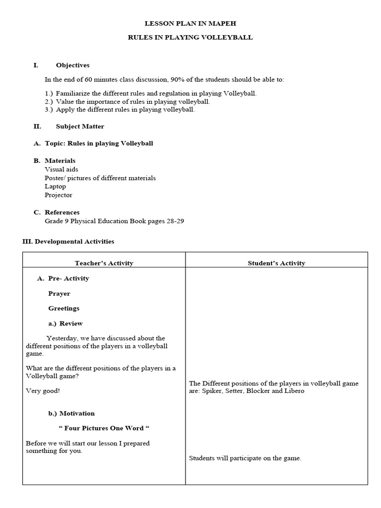 Volleyball Rules Lesson Plan for Grade 9 | PDF | Volleyball | Lesson Plan