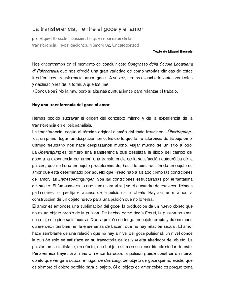 La Transferencia, Entre El Goce y El Amor | PDF | Jacques Lacan | Amor