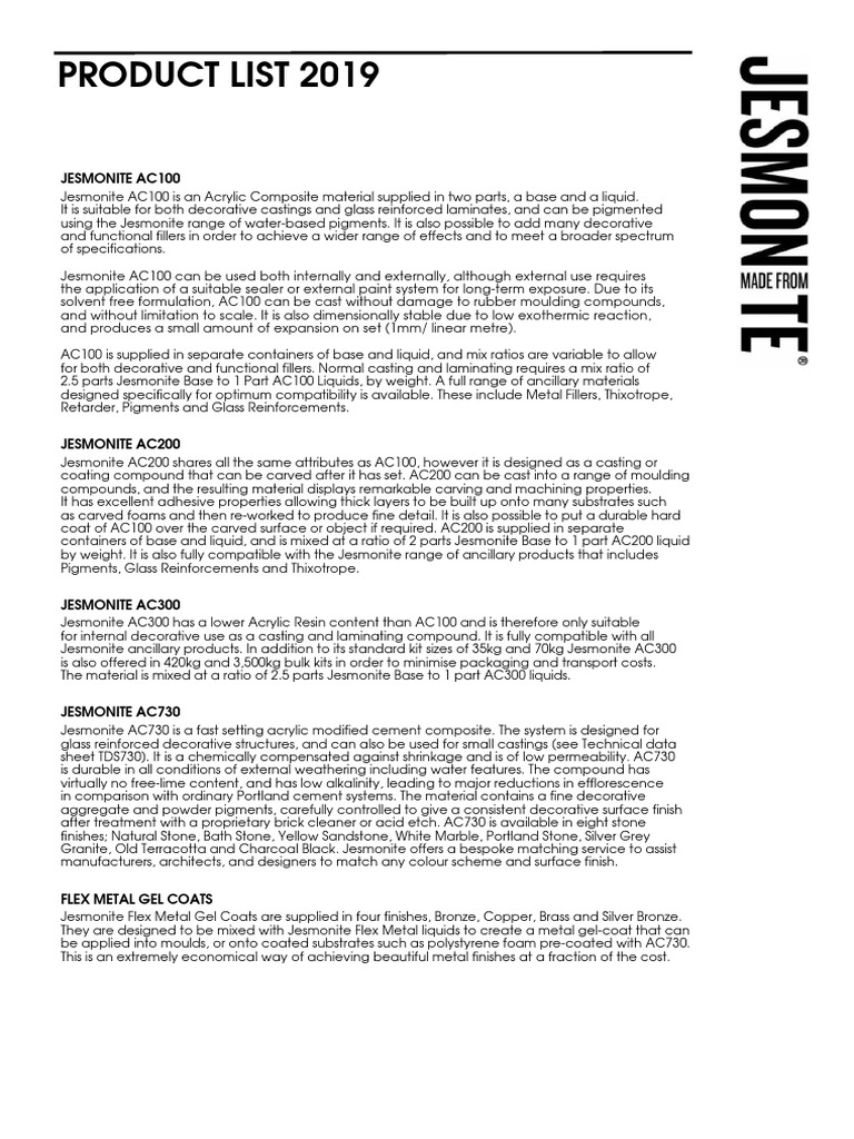 Jesmonite Product List 2019 | PDF | Composite Material | Glasses