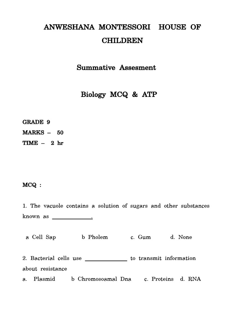 9th Final Assesment 2024 Bio MCQ | PDF