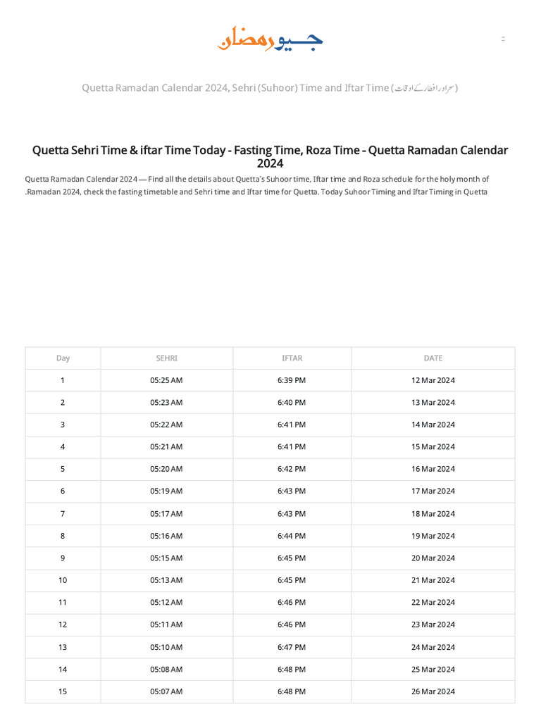 Quetta Sehri Time & Iftar Time Today - Fasting Time, Roza Time - Quetta ...