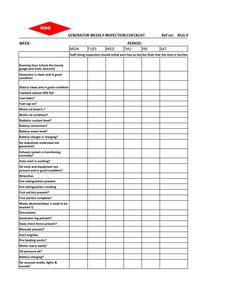 Generator Weekly Check List | PDF