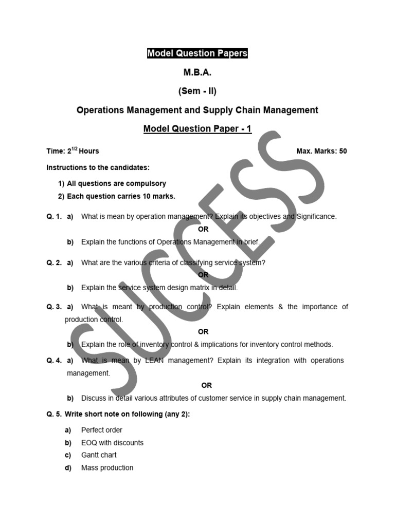 Model Question Papers of Operations | PDF | Supply Chain Management ...