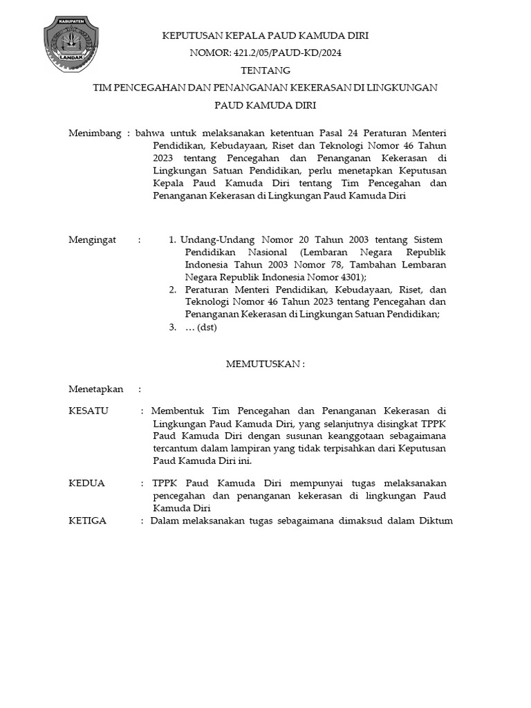 SK Kepala Satuan Pendidikan Pembentukan TPPK PAUD | PDF