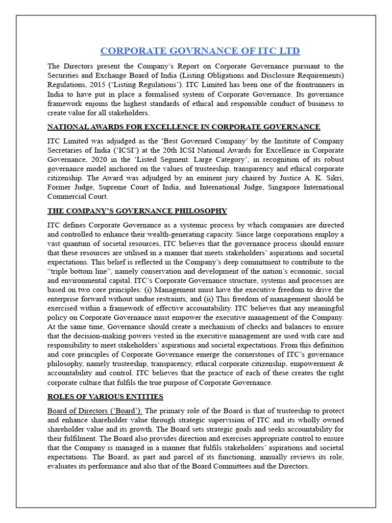 Corporate Govrnance of Itc LTD | PDF | Governance | Corporate Governance