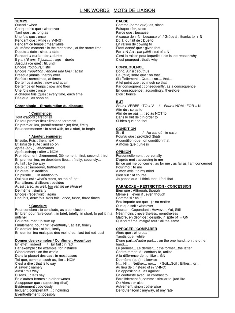 Mots de liaison en français | PDF | Poèmes