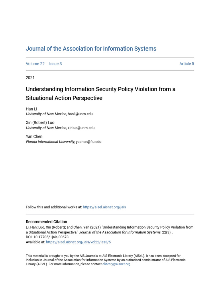 Understanding Information Security Policy Violation From A Situat | PDF | Morality | Self Control
