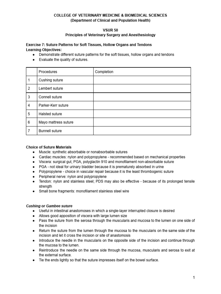 Exercise 7 - Suture Patterns For Soft Tissues, Hollow Organs and ...