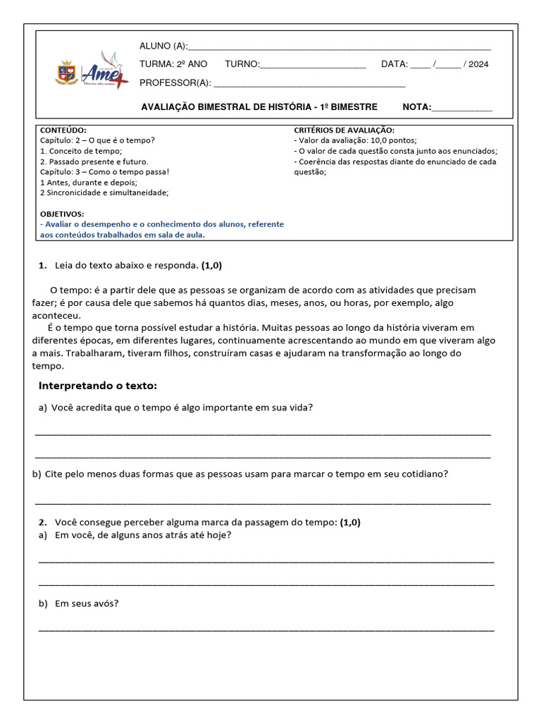 Prova - Bimestral 1ºbim Hist 2 Ano! | PDF | Tempo | Sol