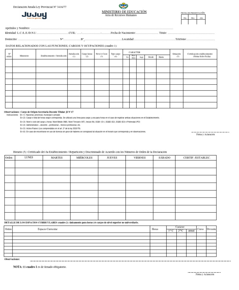 1 - Declaración Jurada Ley Provincial #3416-77 - Cargos y Horas 2024-1 ...