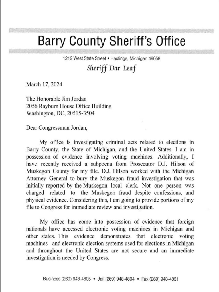 Sheriff Dar Leaf Letter To Judiciary Chairman Jordan On Foreign ...