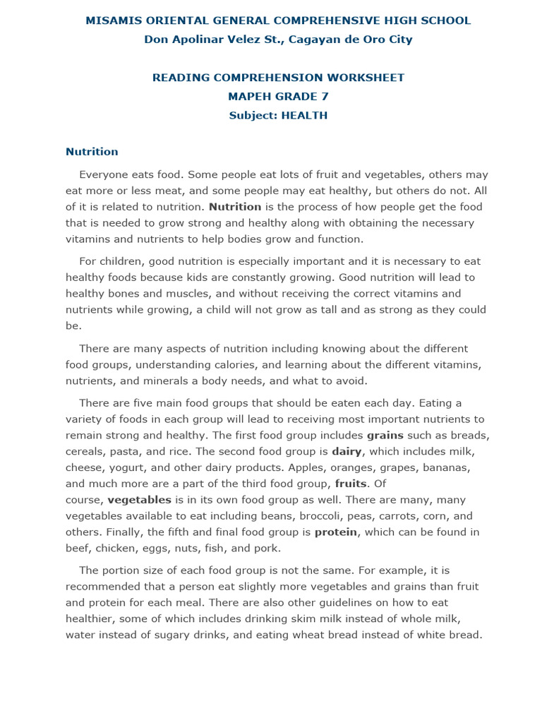 Reading Comprehension Worksheet | PDF | Foods | Healthy Diet