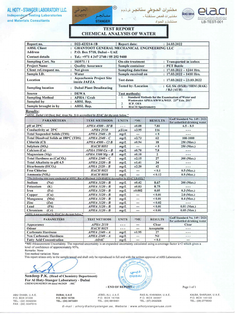 HT Water Chemical Analysis Report | PDF