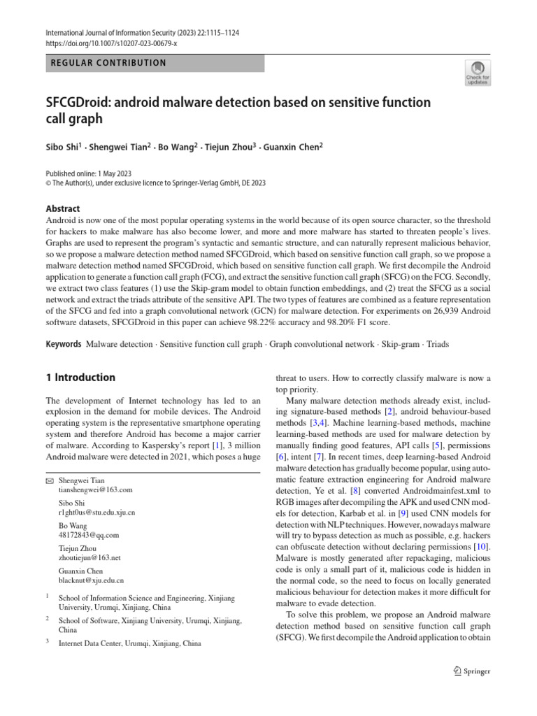 Shi Et Al. - 2023 - SFCGDroid Android Malware Detection Based On Sens | PDF | Malware | Android ...
