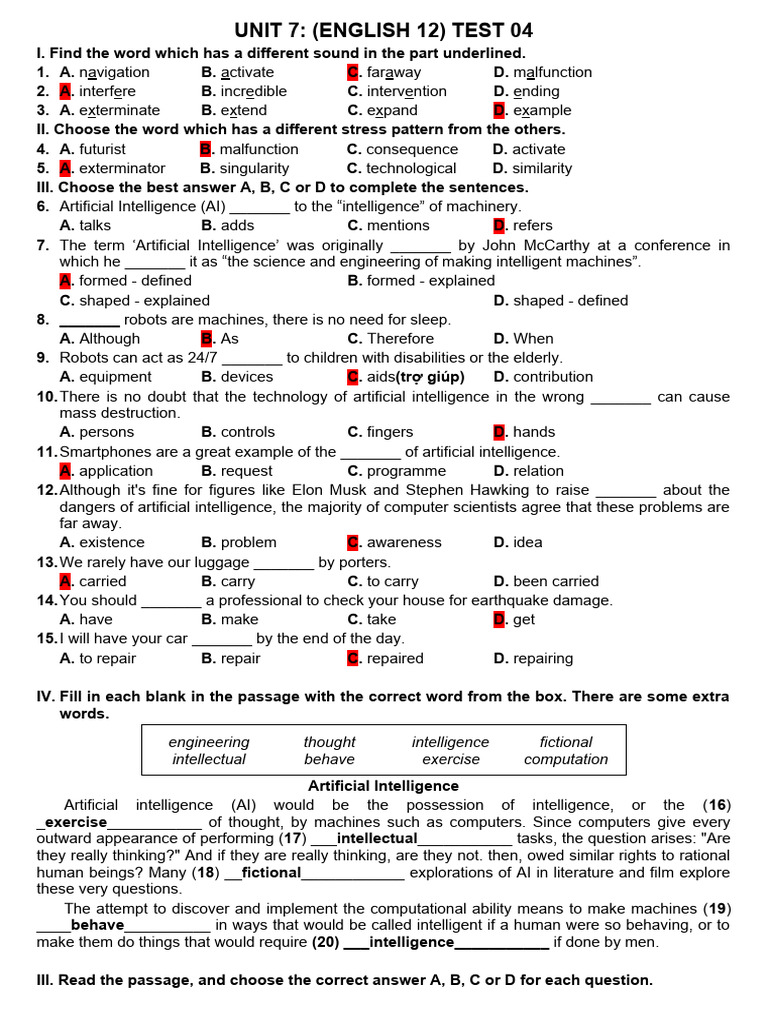 Unit 7 - Test 04 | PDF | Artificial Intelligence | Intelligence (AI ...