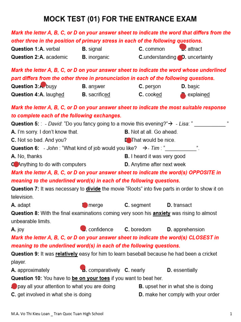 Mock Test for Entrance Exam Preparation | PDF